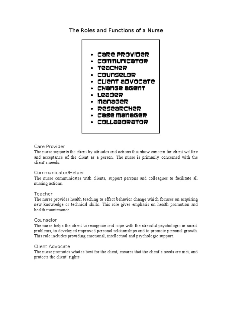 The Roles and Functions of A Nurse | PDF | Nursing | Leadership