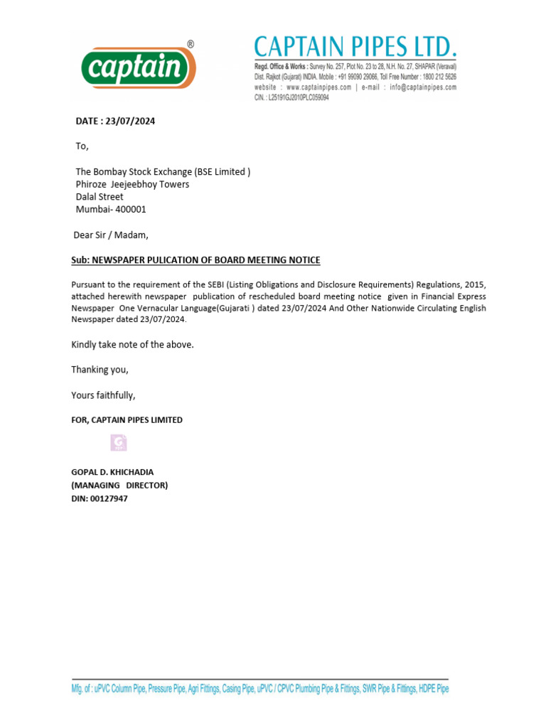 Revised Newspaper Publication Captain Pipes LTD | PDF
