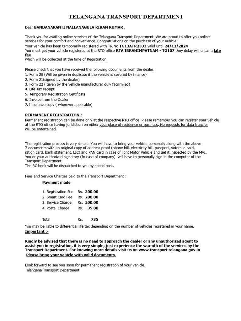Temporary Vehicle Registration Details | PDF | Semi Trailer Truck ...
