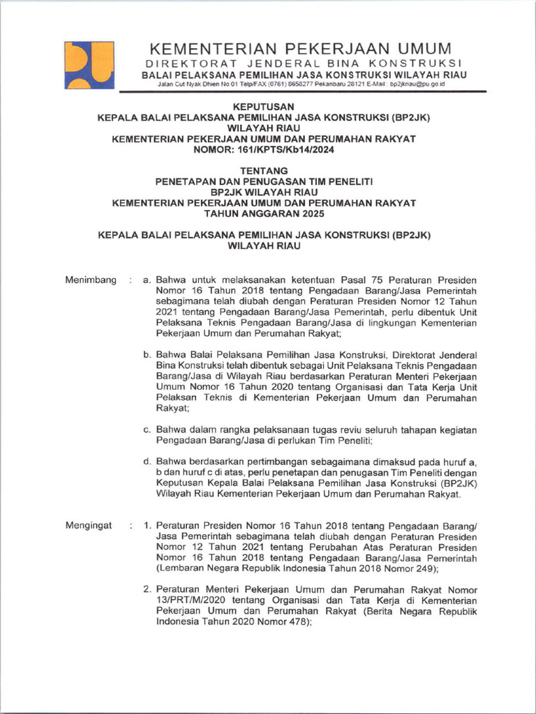 SK TIMLIT Paket PW 03 Pengawasan Teknis Jalan Dan Jembatan Provinsi Riau - Compressed | PDF