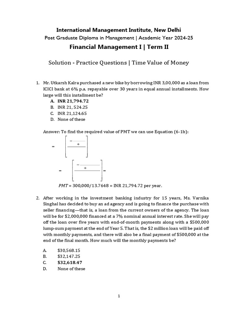 Solution_Practice Questions_Time Value of Money_IMI | PDF | Present Value | Interest