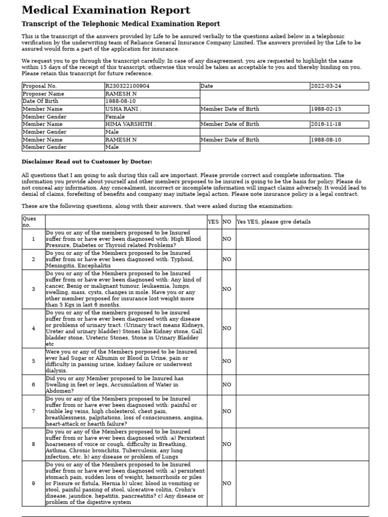 Telephonic Medical Exam Transcript | PDF | Urinary System | Medicine