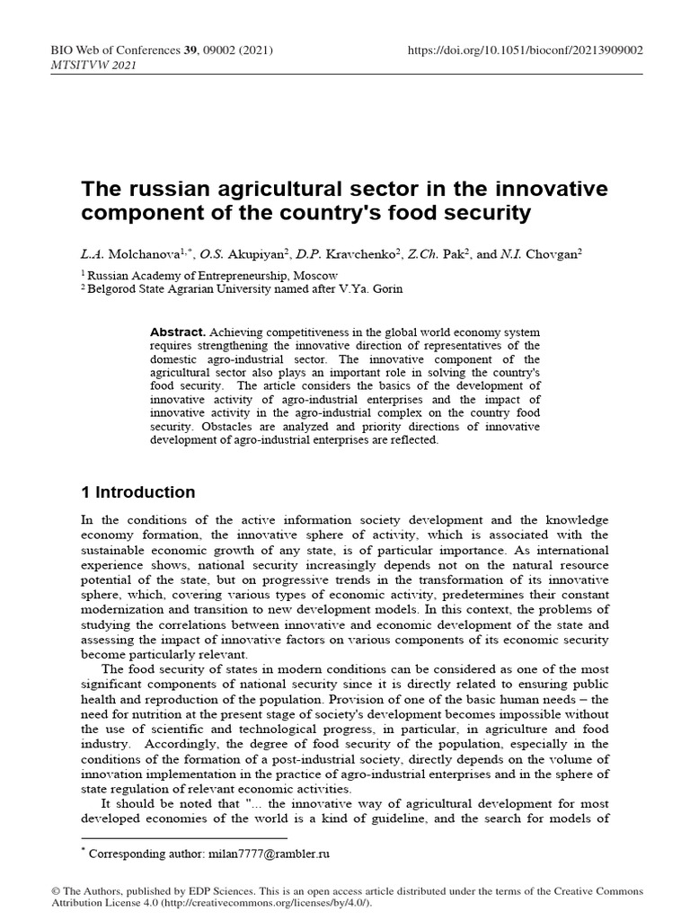 The Russian Agricultural Sector in The Innovative Component of The ...
