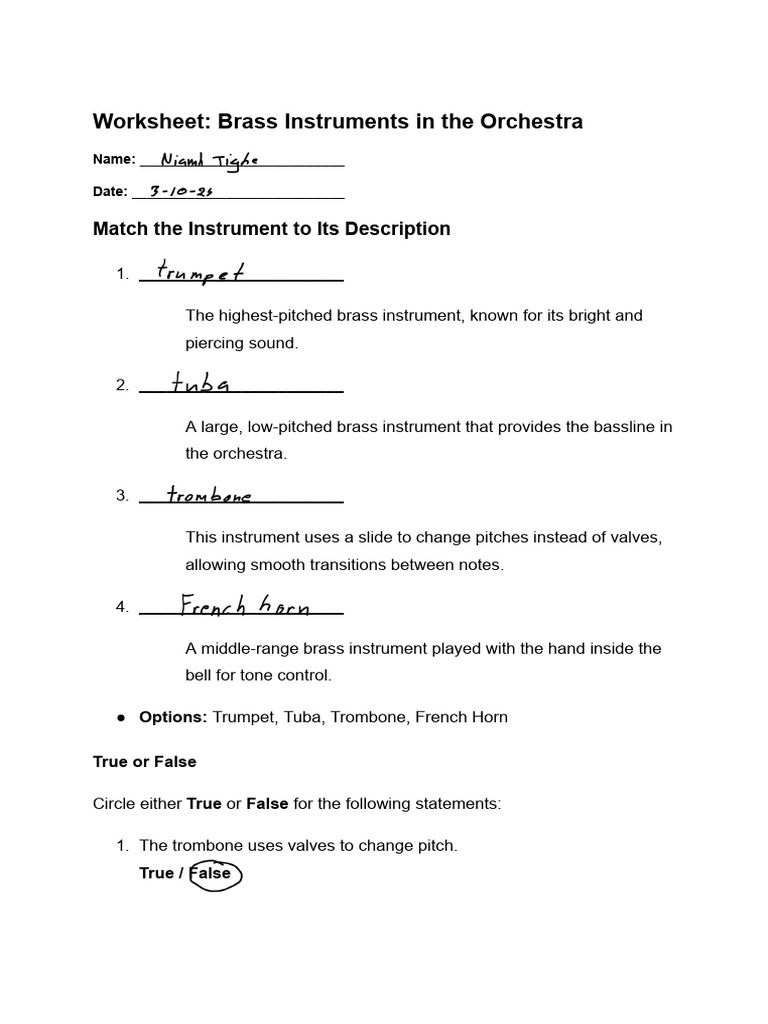 Worksheet_ Brass Instruments in the Orchestra | PDF