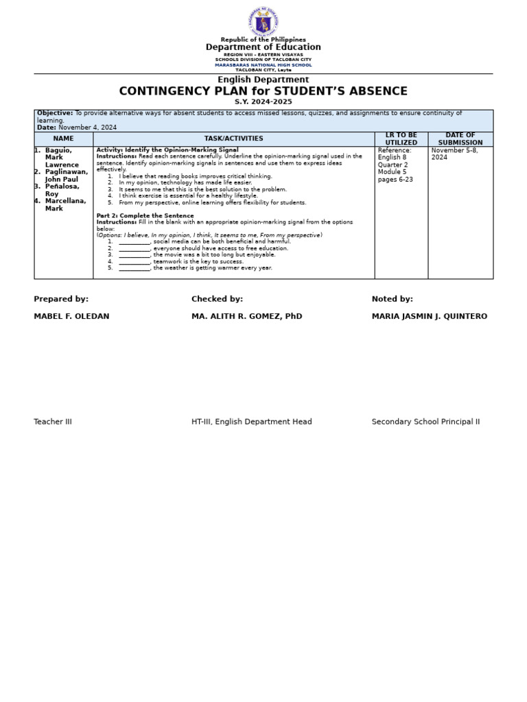Catch-Up Plan - Students' Absence - Mabel | PDF | Cognition | Learning