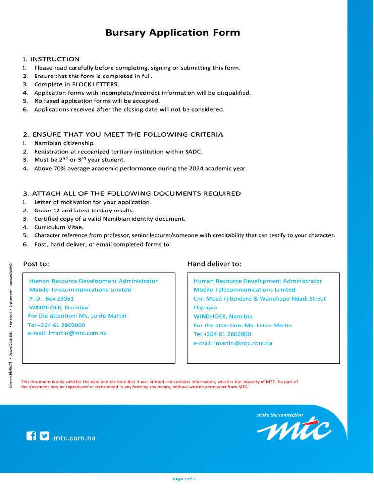 MTC Bursary Application Form 2025 | PDF