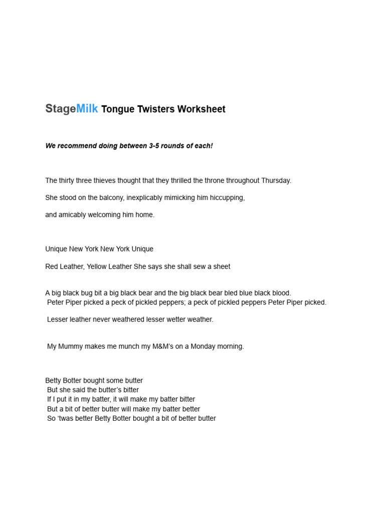 Tongue Twisters Worksheet RCC | PDF