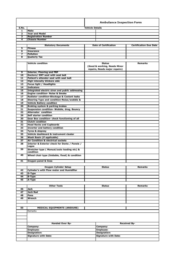 Ambulance Inspection Checklist Form | PDF | Vehicles | Ambulance