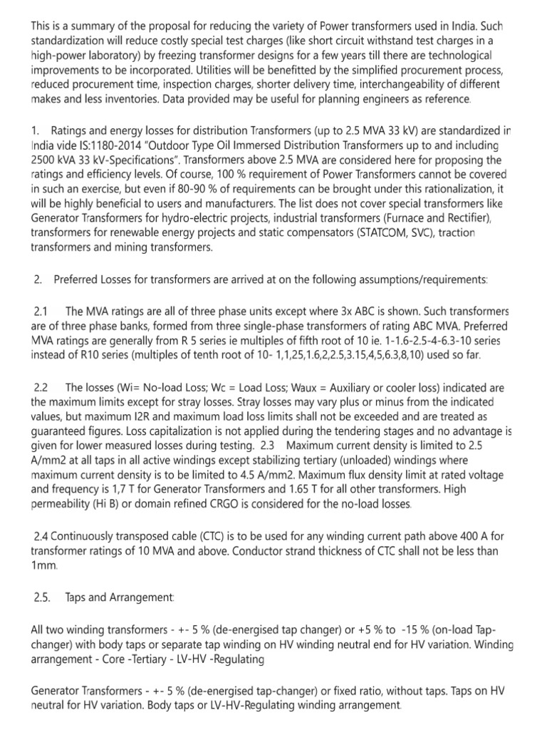 Standardisation of Transformer Ratings in India | PDF