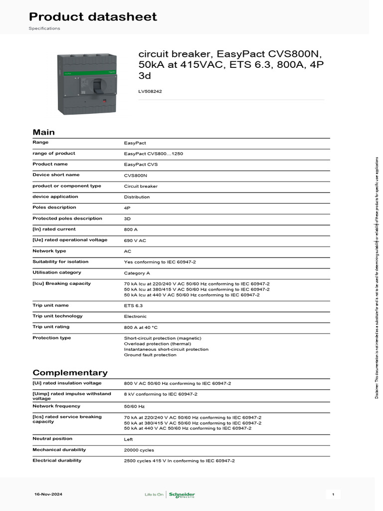 EasyPact CVS800N Circuit Breaker Specs | PDF | Alternating Current ...