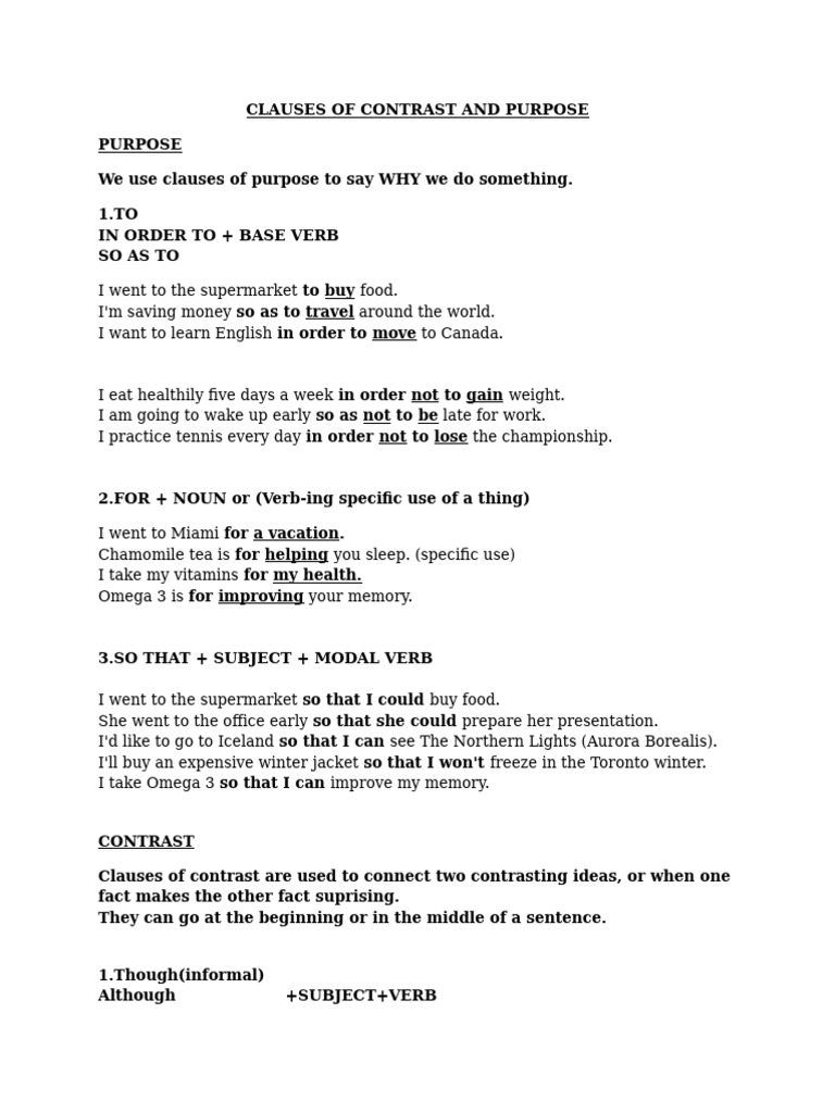 Clauses of Contrast and Purpose | PDF