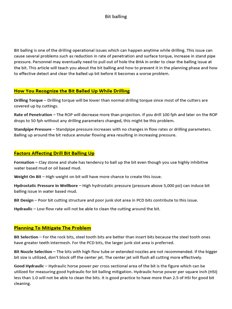 Bit Balling | PDF | Drilling | Oil Well