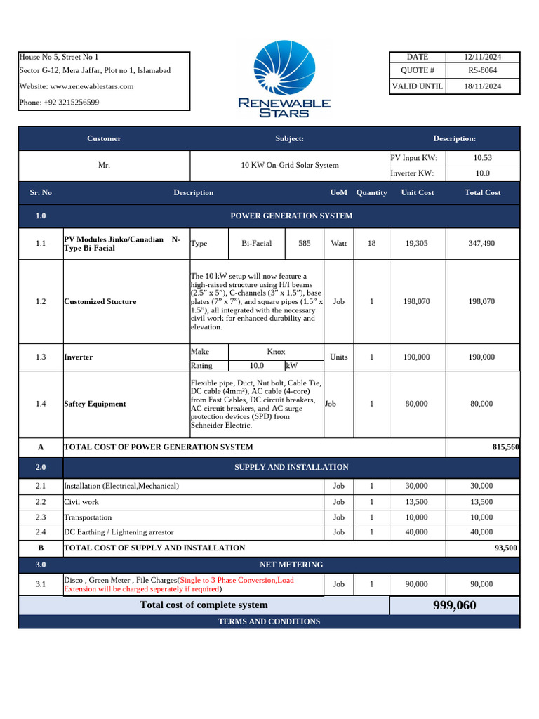 10 Kw Quotation | PDF | Solar Panel | Power Inverter