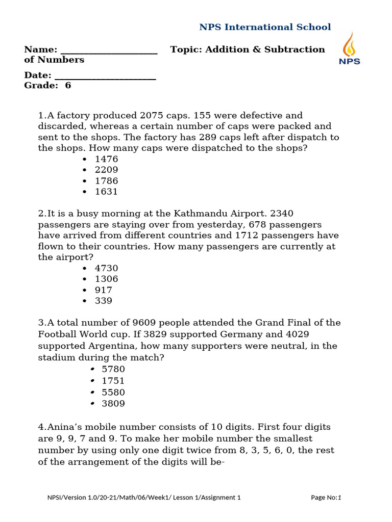Assignment 1A- Addition and Subtraction | PDF