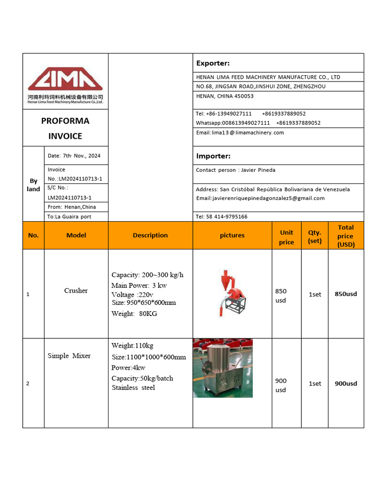 LM40 Fish Feed Machine Invoice From Daisy | PDF