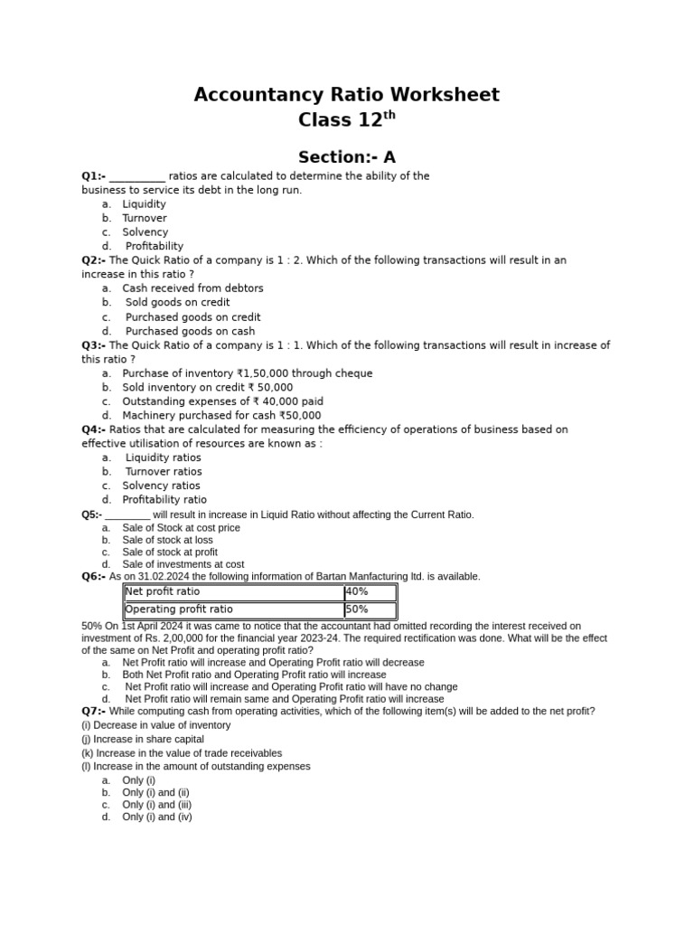 Worksheet Class 12th Accountancy | PDF | Revenue | Net Income