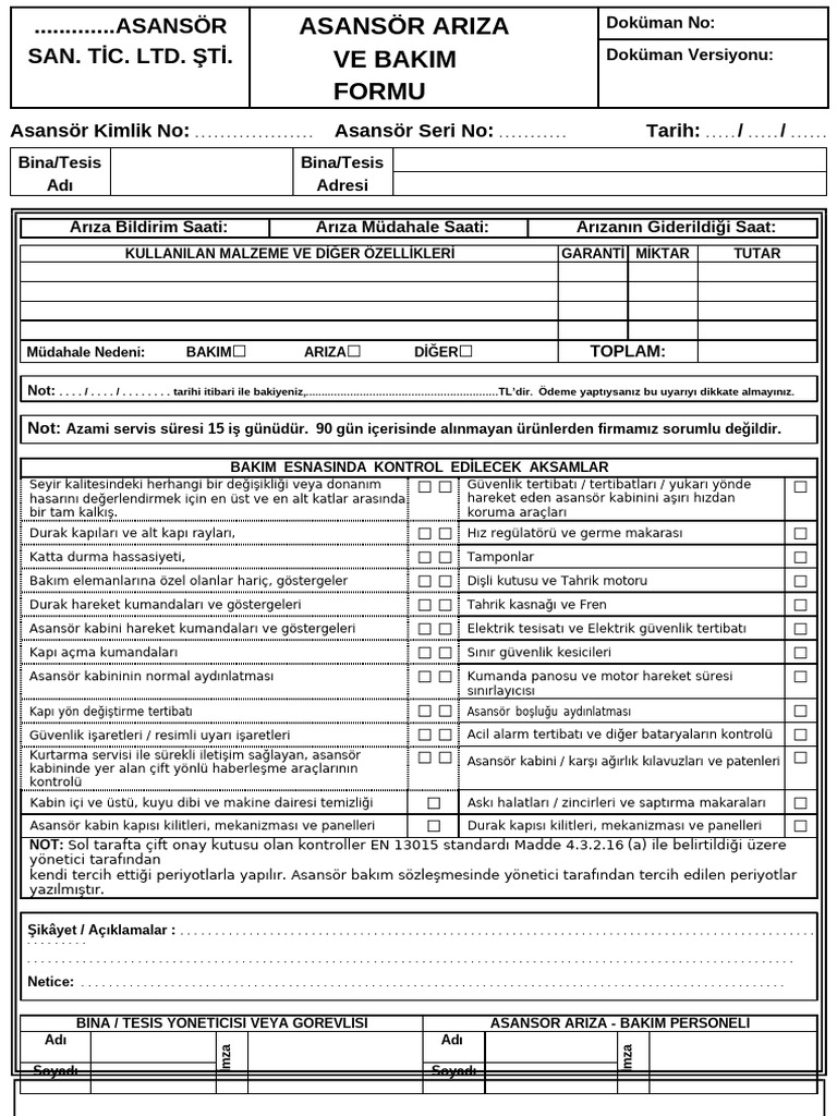 Bakim Ariza Formu TS EN 13015 | PDF