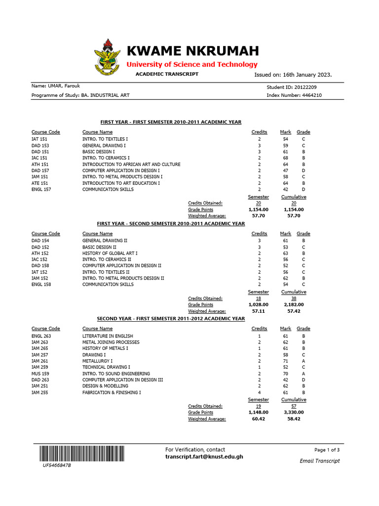 Umar Farouk's Academic Transcript | PDF | Materials | Metals