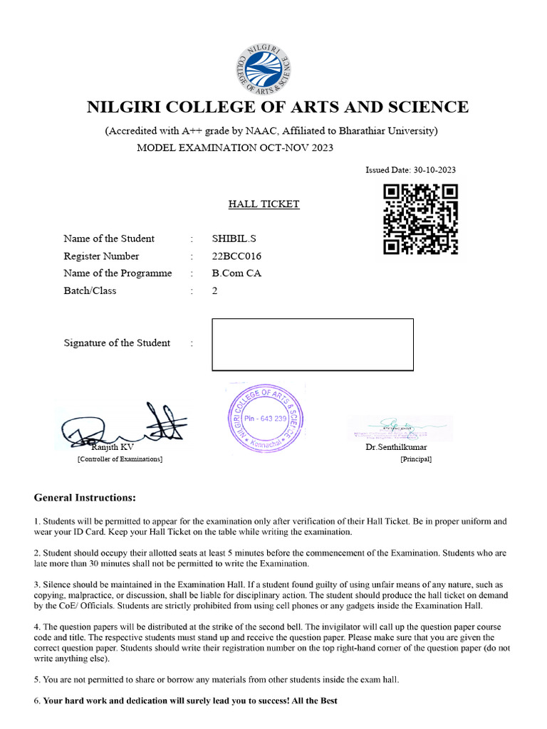 E Hall Ticket SHIBIL.S1033301613 | PDF