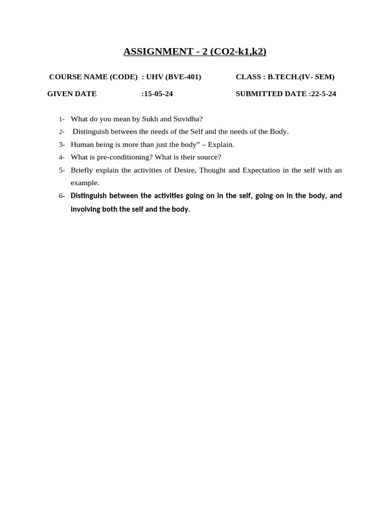 UHV BVE-401 Assignment on Self and Body | PDF