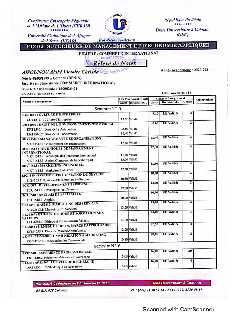 Bulletin 5 Semestre (3ème Année CI) | PDF