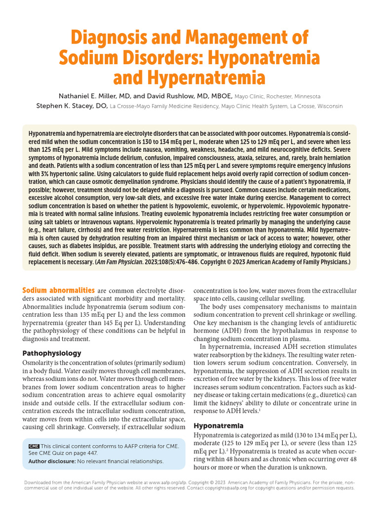Sodium Disorders Hyponatremia Hypernatremia | PDF | Dehydration ...