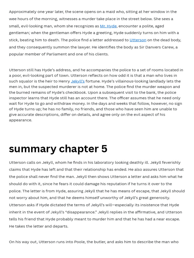 Summary Chapter 5: Mr. Hyde Utterson | PDF | Strange Case Of Dr Jekyll ...