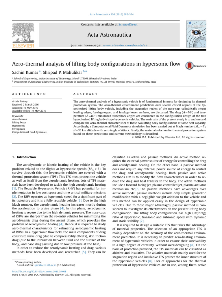 Aero-Thermal Analysis of Lifting Body Configurations in Hypersonic Flow ...