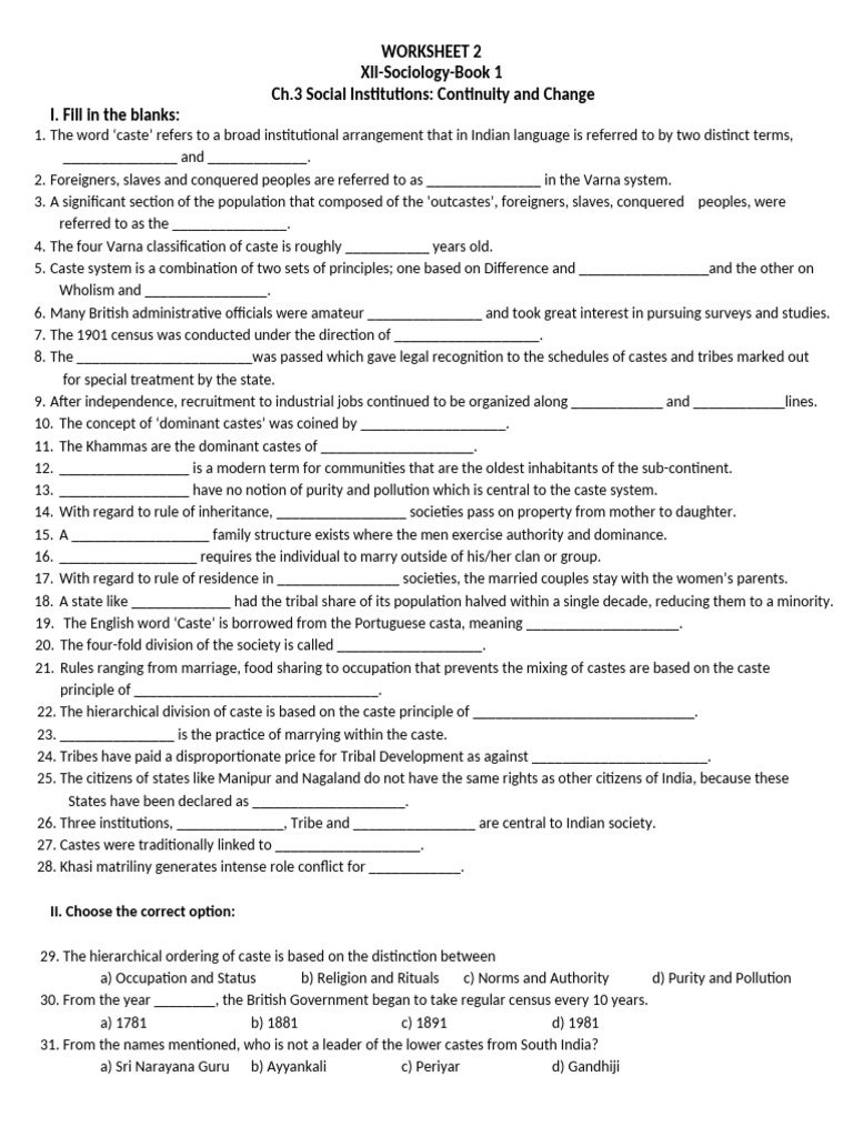 XII Sociology - Worksheet 2, Book 1, Ch.3 - Social ...