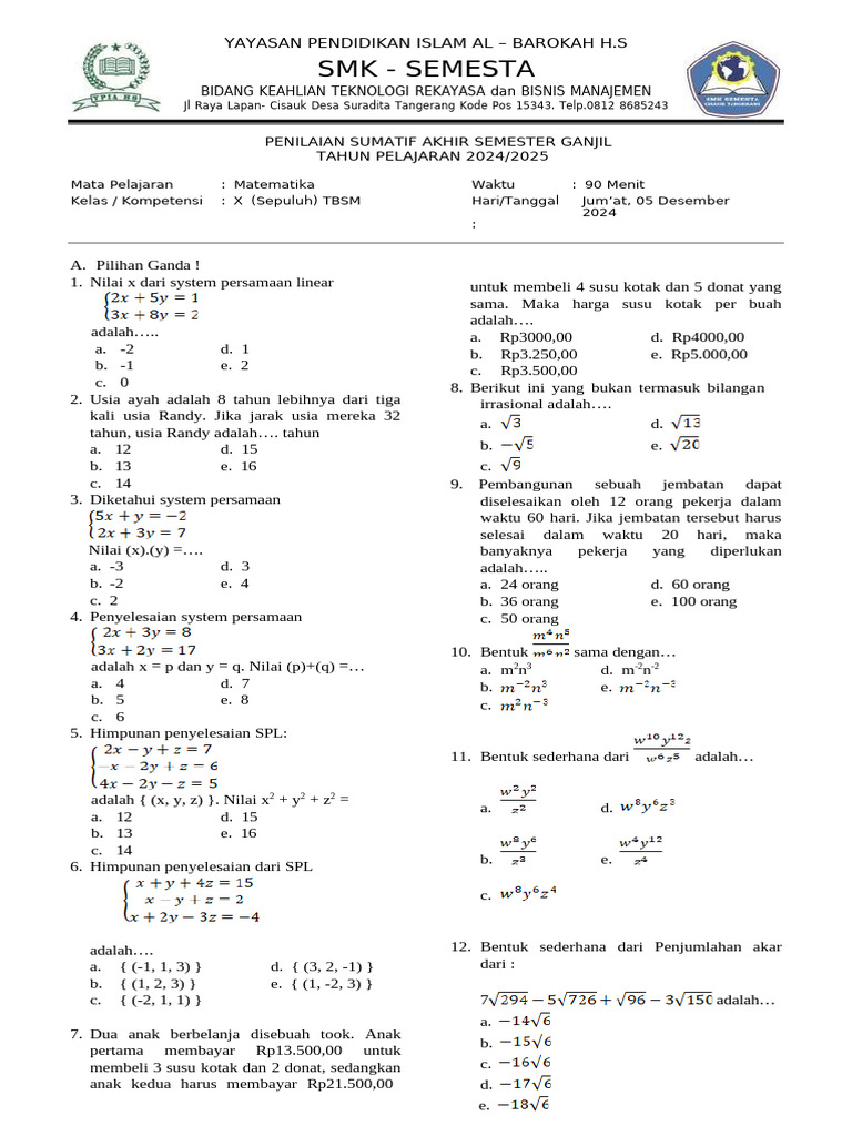 Pas Ganjil MTK 10 TBSM SMK Semesta 2021-2022 | PDF