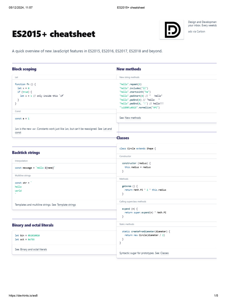 ES2015+ cheatsheet | PDF | Constructor (Object Oriented Programming) | Programming