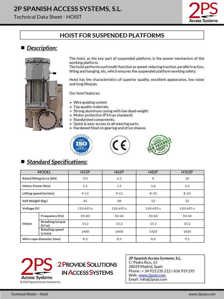 TECHNICAL SHEET - HOIST - v1.0 | PDF | Electric Motor | Manufactured Goods