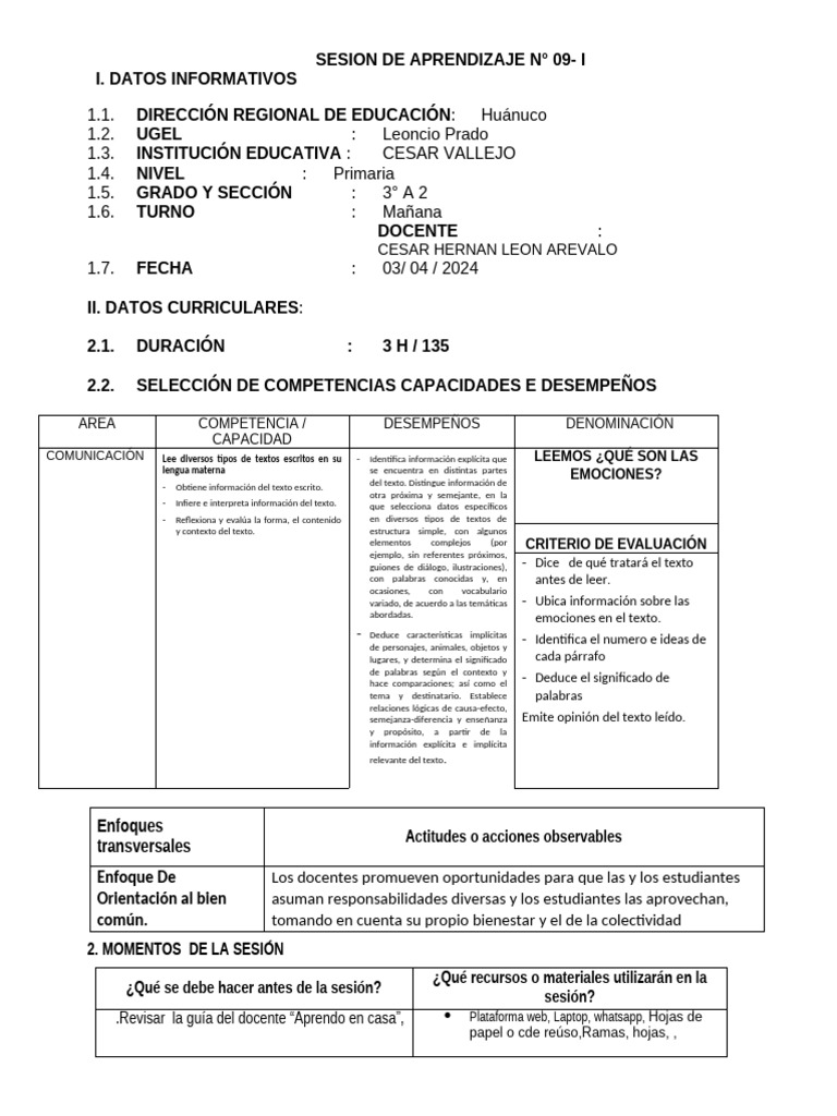SESION DE APRENDIZAJE N 09 -I COMUNICACION 03 DE ABRIL DE 2024 | PDF | Las emociones | Enseñando