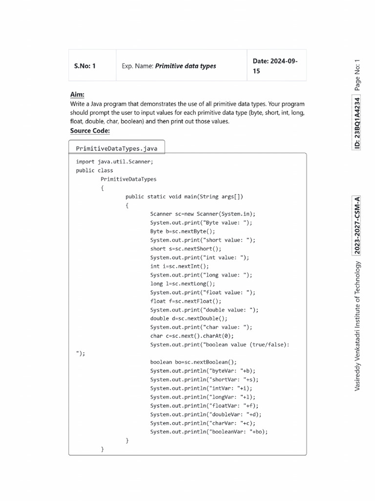 23BQ1A4234 Object Oriented Lab Record 2024 11 27 | PDF