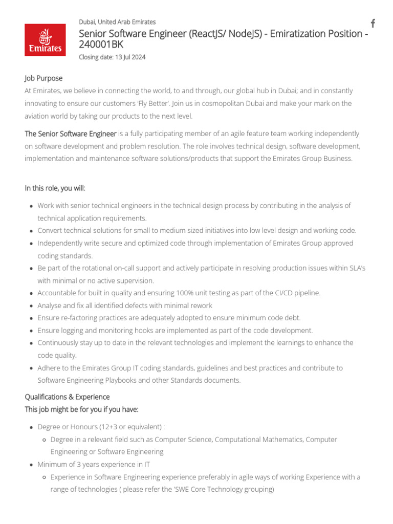 Senior Software Engineer At Emirates Pdf Software Software
