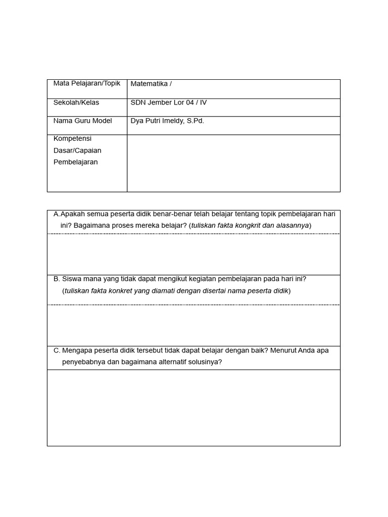 Topik 3 Lampiran 5. LK 4 Format Lembar Observasi Pelaksanaan Pembelajaran Untuk Observer ...