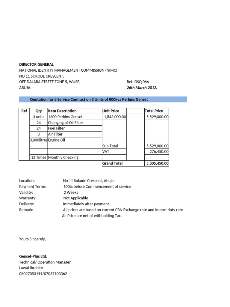 Nimc 8 Service Quotation | PDF