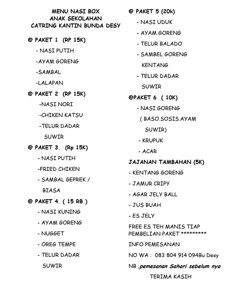 Menu Nasi Box Anak Sekolah Catring Bunda Desy | PDF