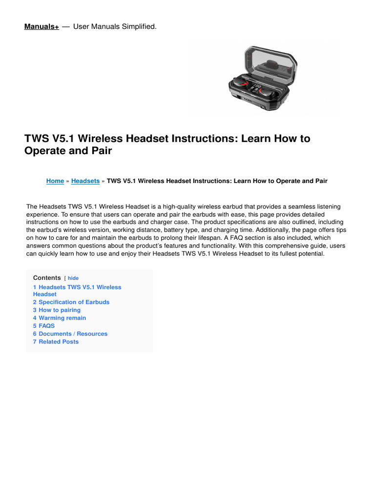 TWS V5.1 Earbuds User Manual | PDF | Headphones | Electronics