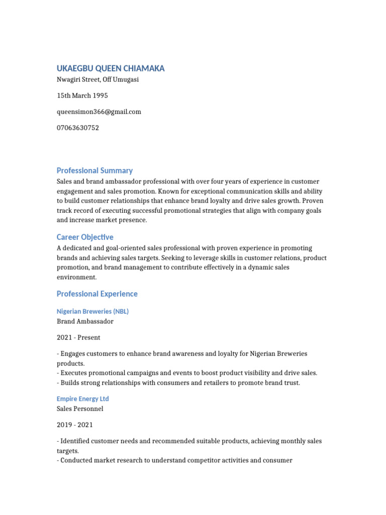 Ukaegbu Queen Chiamaka CV | PDF