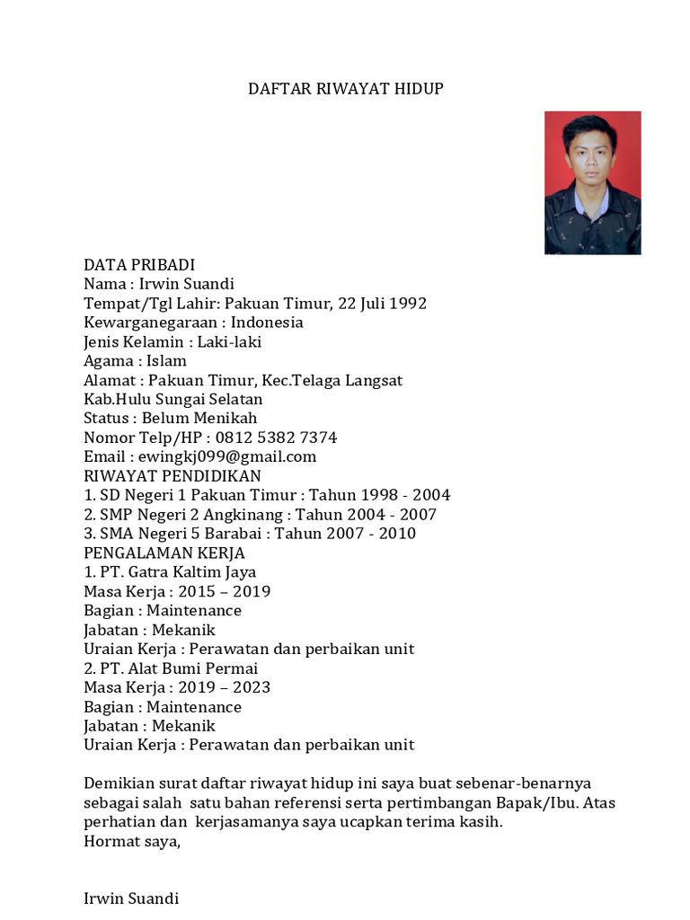 CV Irwin Suandi: Mekanik Berpengalaman | PDF