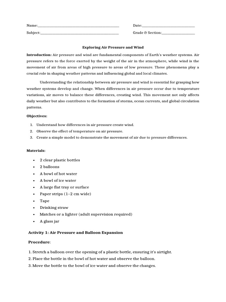 Lab Activity #1 Air Pressure & Wind - Padua | PDF | Atmosphere Of Earth ...
