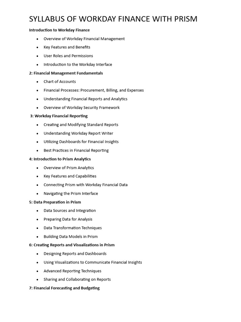 Workday Finance & Prism Syllabus Guide | PDF
