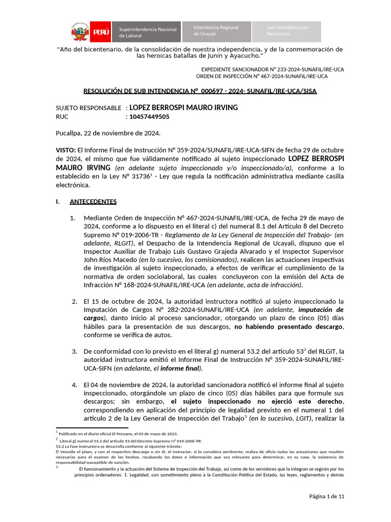 Res Exp 233-2024 Lopez Berrospi Mauro Irving 45.2 y 46.10 | PDF | Multa (pena) | Derecho laboral