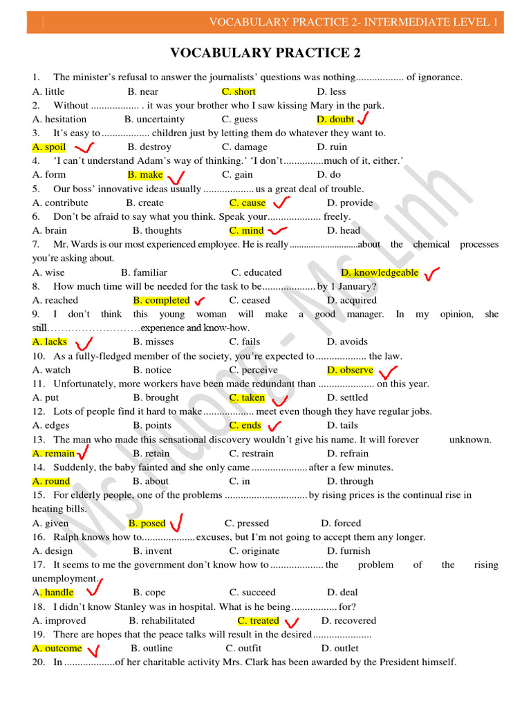 vocabulary level 1- practice 2 | PDF