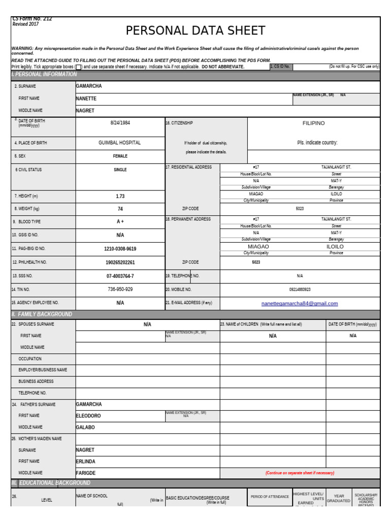 Excel-File-CSC-Personal-Data-Sheet-PDS-2017-1 (1) | PDF