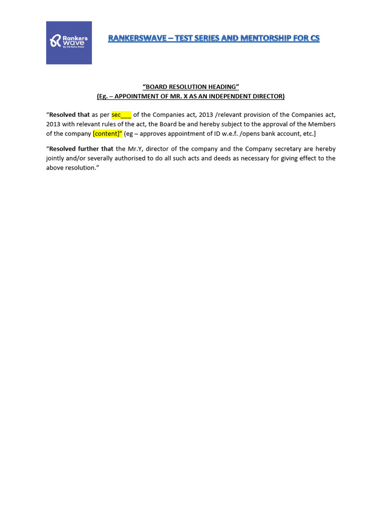 Board Resolution Format Template | PDF