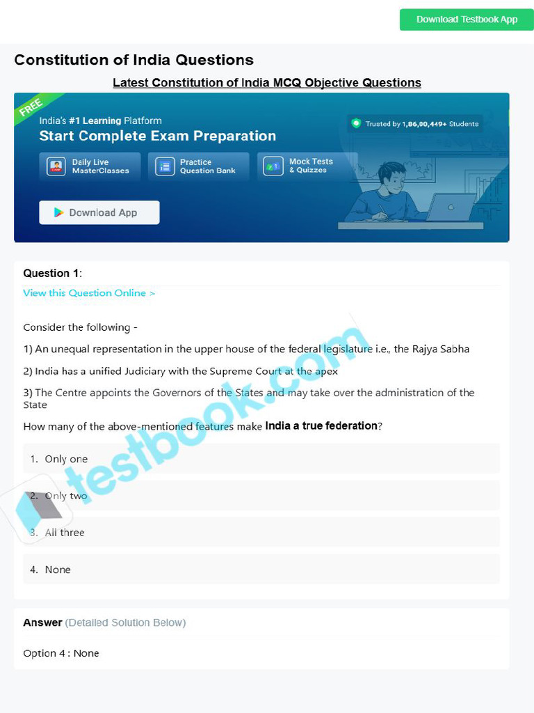 Constitution of India Objective Type Questions | PDF