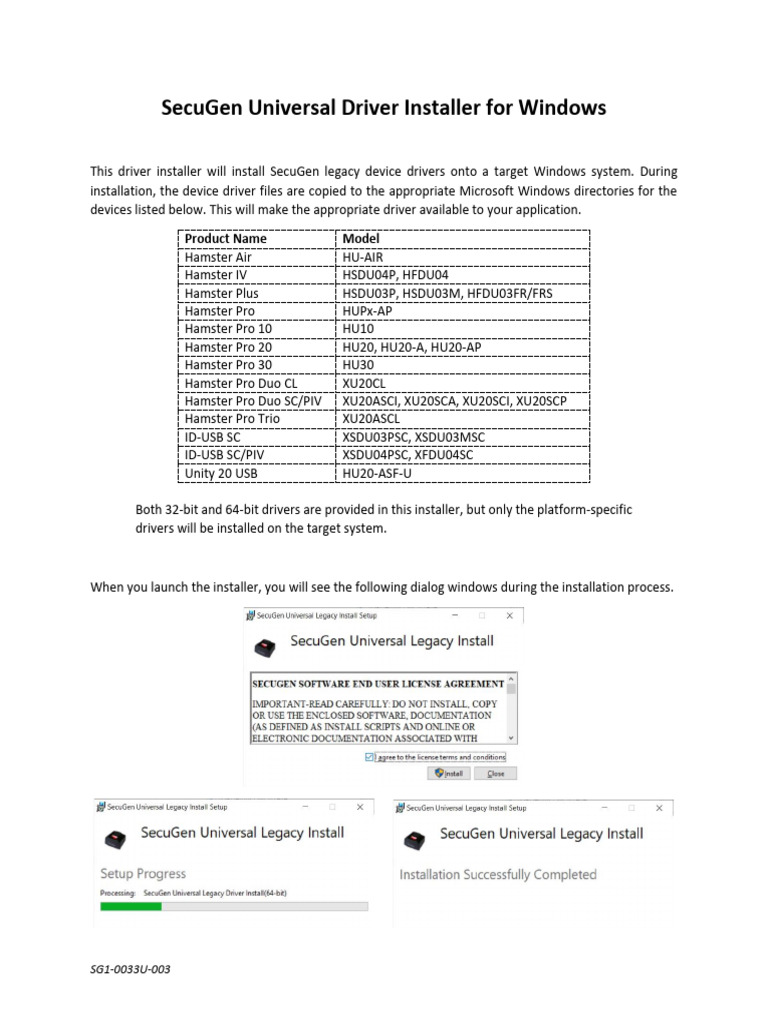 Secugen Universal Driver Installer For Windows (SG1-0033U-003) | PDF