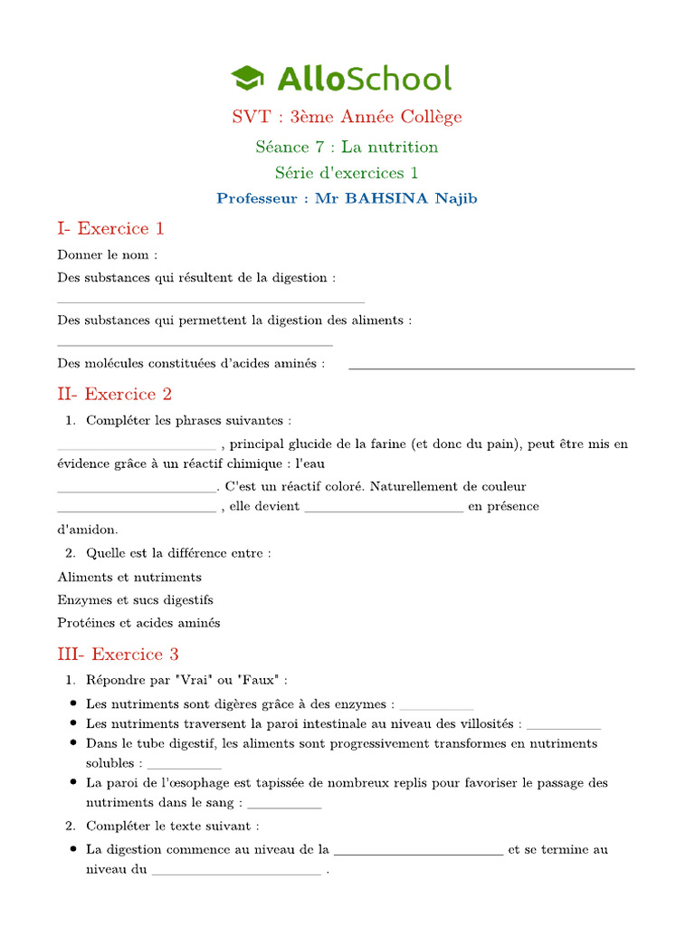 Seance 7 La Nutrition Serie D Exercices 1 | PDF